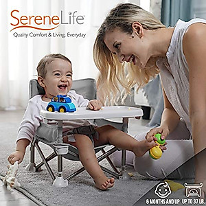 Serene Life Baby Seat Booster -Space Saver Toddler Booster Seat - Portable Pop and open Sit Folding Booster Feeding Chair - Safety Belt/Food Tray/Travel Bag - SereneLife SLBS66, Grey, 6 Piece Set