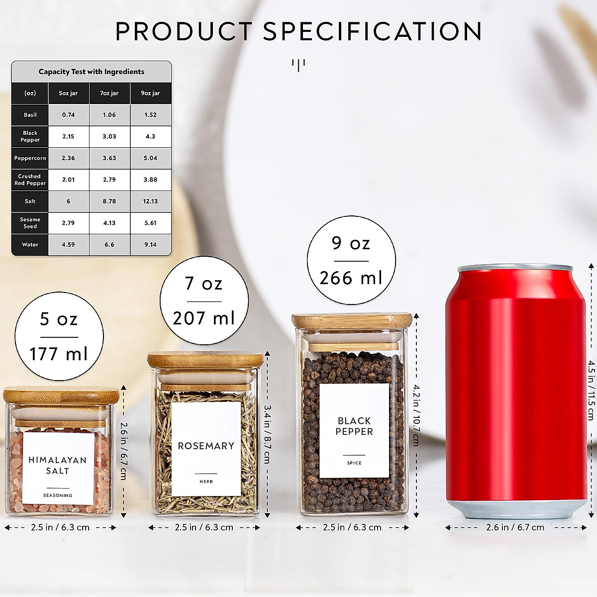 Laramaid 7oz 12Packs Glass Jars Set with 208 Minimalist Spice Labels, Square Spice Jars with Bamboo Lids and White Vinyl Customized Sticker Labels, Food Storage Container Canisters