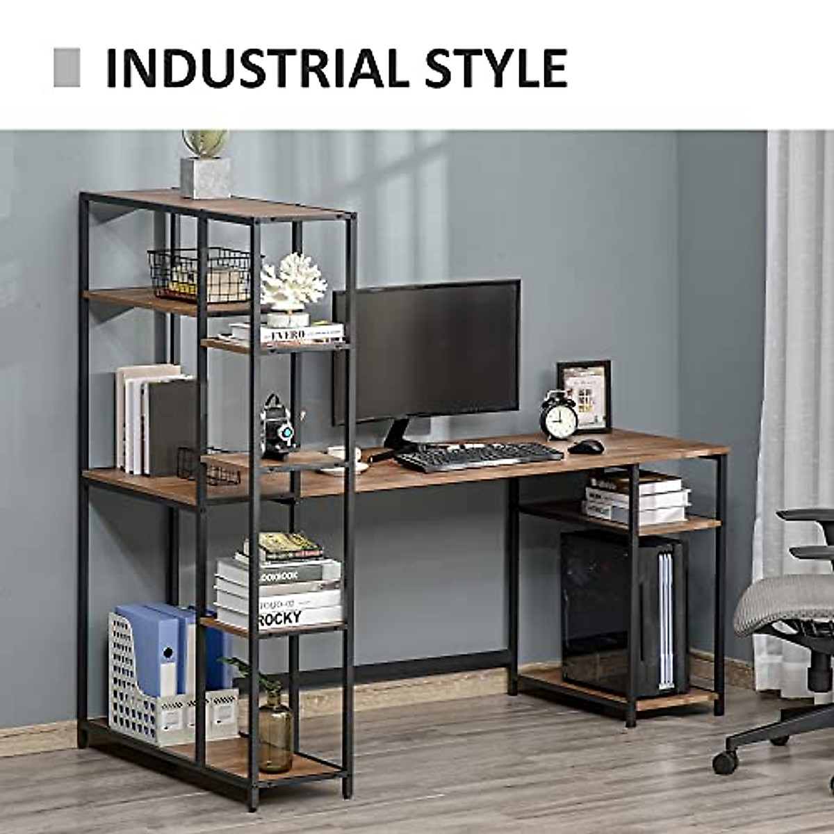 HOMCOM 67 Inch Home Office Computer Desk with Display Bookshelf, Industrial Writing Table with CPU Stand and Steel Frame, Black/Walnut