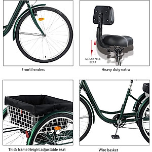 TUOKE Adult Trikes 24 inch Wheels Low Step-Through with Cargo Basket/Full Assembly Tool，Adult Tricycles Three Wheel Trike Bike Cruiser 7 Speed, Suitable for Women, Men, Seniors