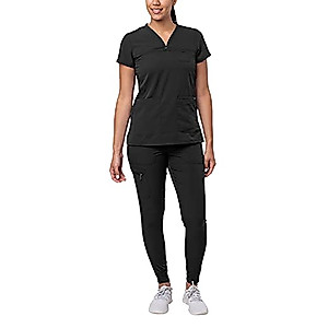 Adar Pro Movement Booster Scrub Set for Women - Sweetheart V-Neck Scrub Top & Yoga Jogger Scrub Pants - P9400 - Black - M