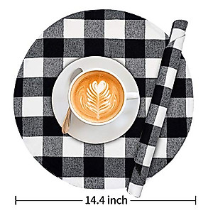 Senneny Round Placemats Set of 6 - Black and White Buffalo Plaid Placemats - Reversible Cotton and Burlap Placemats for Round Tables - Farmhouse Placemats for Dining Table