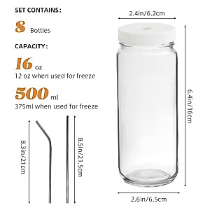 OAMCEG 8 Pack 16OZ Glass Juice Bottles with Straw Lids - Smoothie Cups with Lids and Straws, Reusable Juice Bottles for Juicing, Glass Drinking Mason Jars Travel Bottles Cup (Perforated Cover)