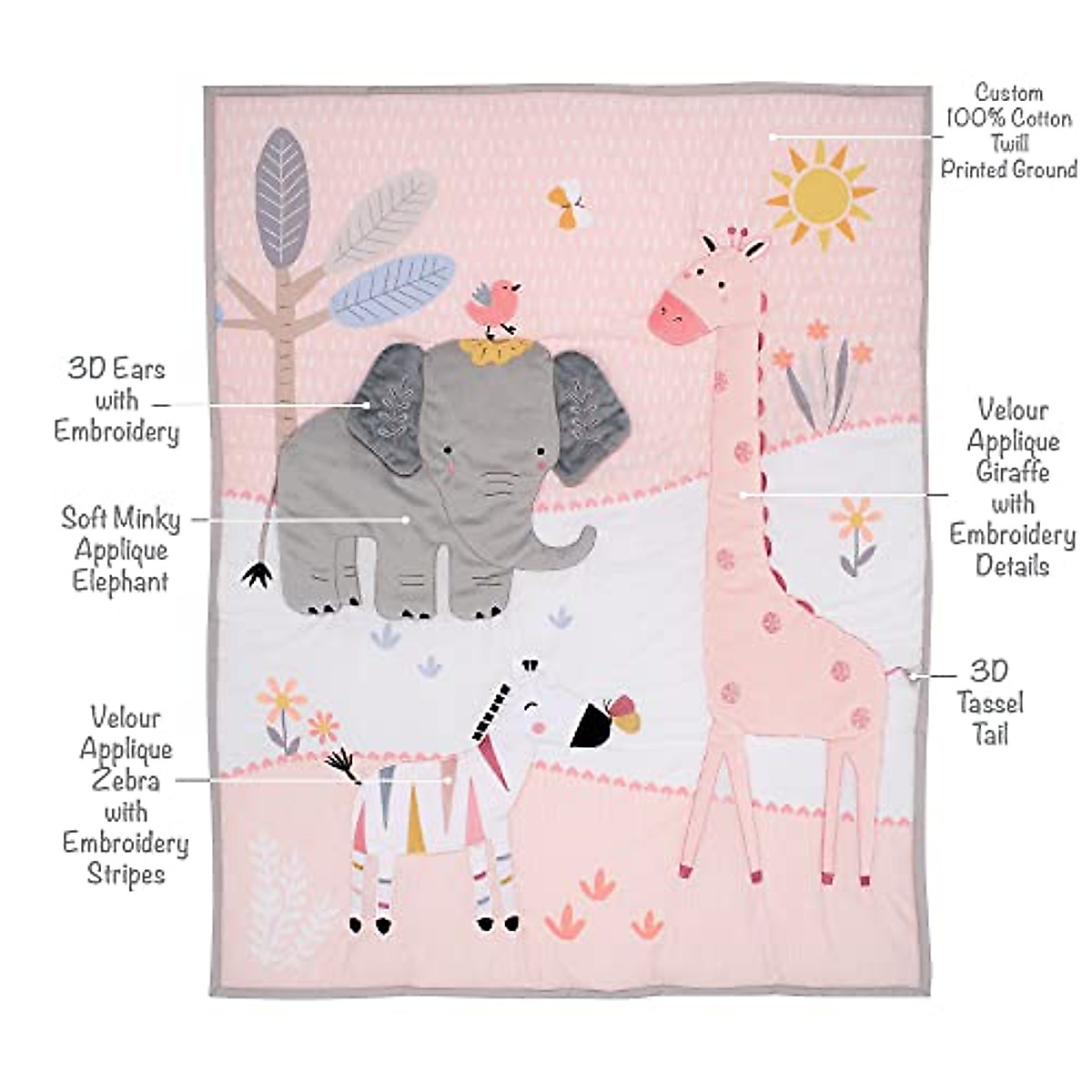 Lambs & Ivy Jazzy Jungle 3-Piece Safari Animals Pink Baby Crib Bedding Set