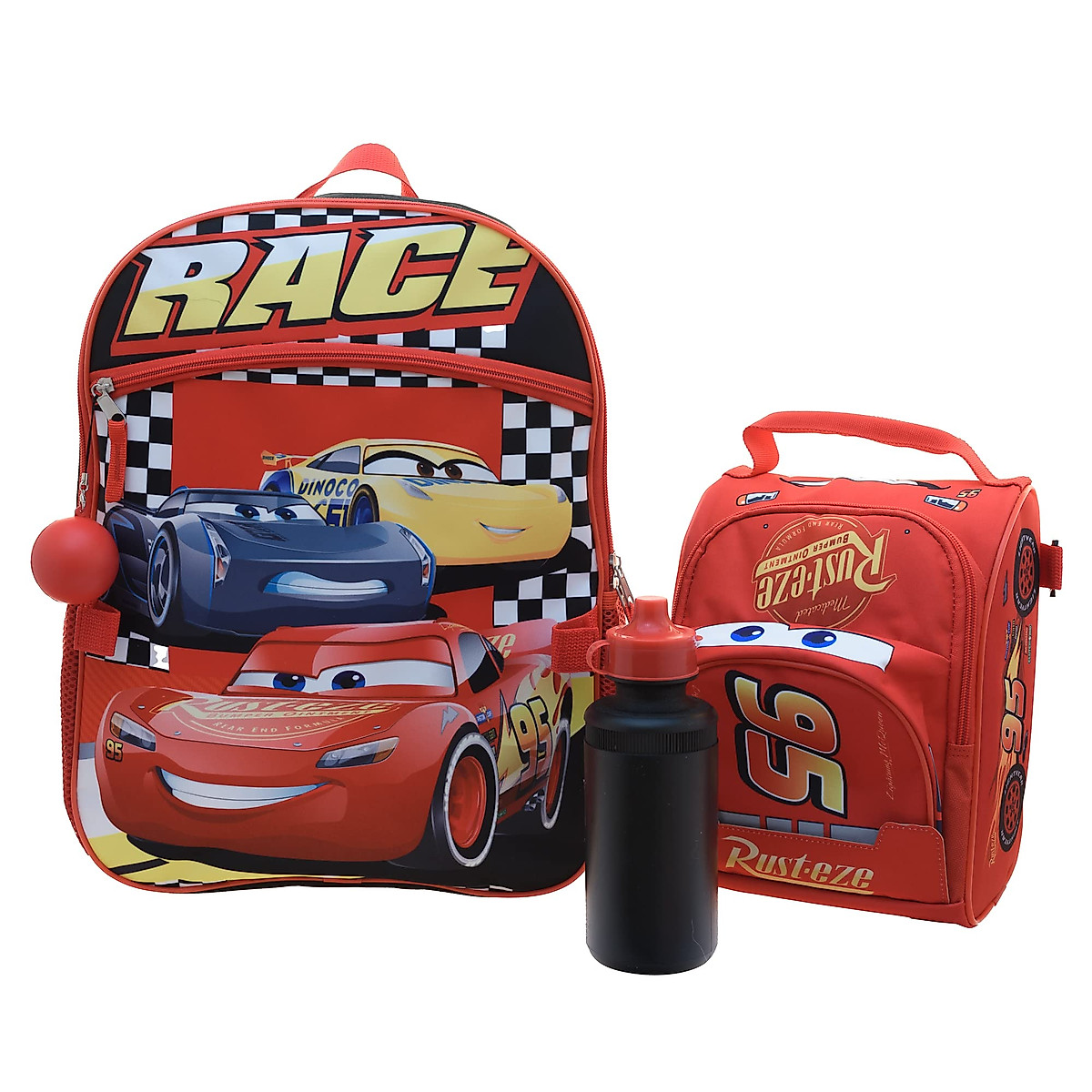 Disney Pixar Cars Girls & Boys 4 Piece Backpack Set for Kindergarten, School Bag with Front Zip Pocket, Mesh Side Pockets, Lightning McQueen 3D Insulated Lunch Box, Water Bottle, & Squish Ball Dangle