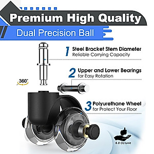 Office Chair Wheels Replacement Set of 5 Stem 11mm, Dual 2 Inch Rubber Chair Caster Wheels for All Hardwood & Carpet Floors Heavy Duty Rollerblade Chair Casters for Computer & Desk & Gaming Chairs