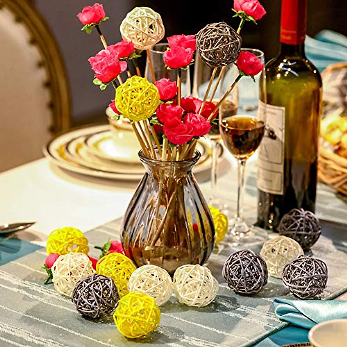 DomeStar 24PCS Yellow Decorative Balls for Bowl Centerpiece, 2 Inch Rattan Balls Wicker Balls Decorative Twig Orbs Spheres Bowl Fillers Vase Fillers Home Wedding Decor