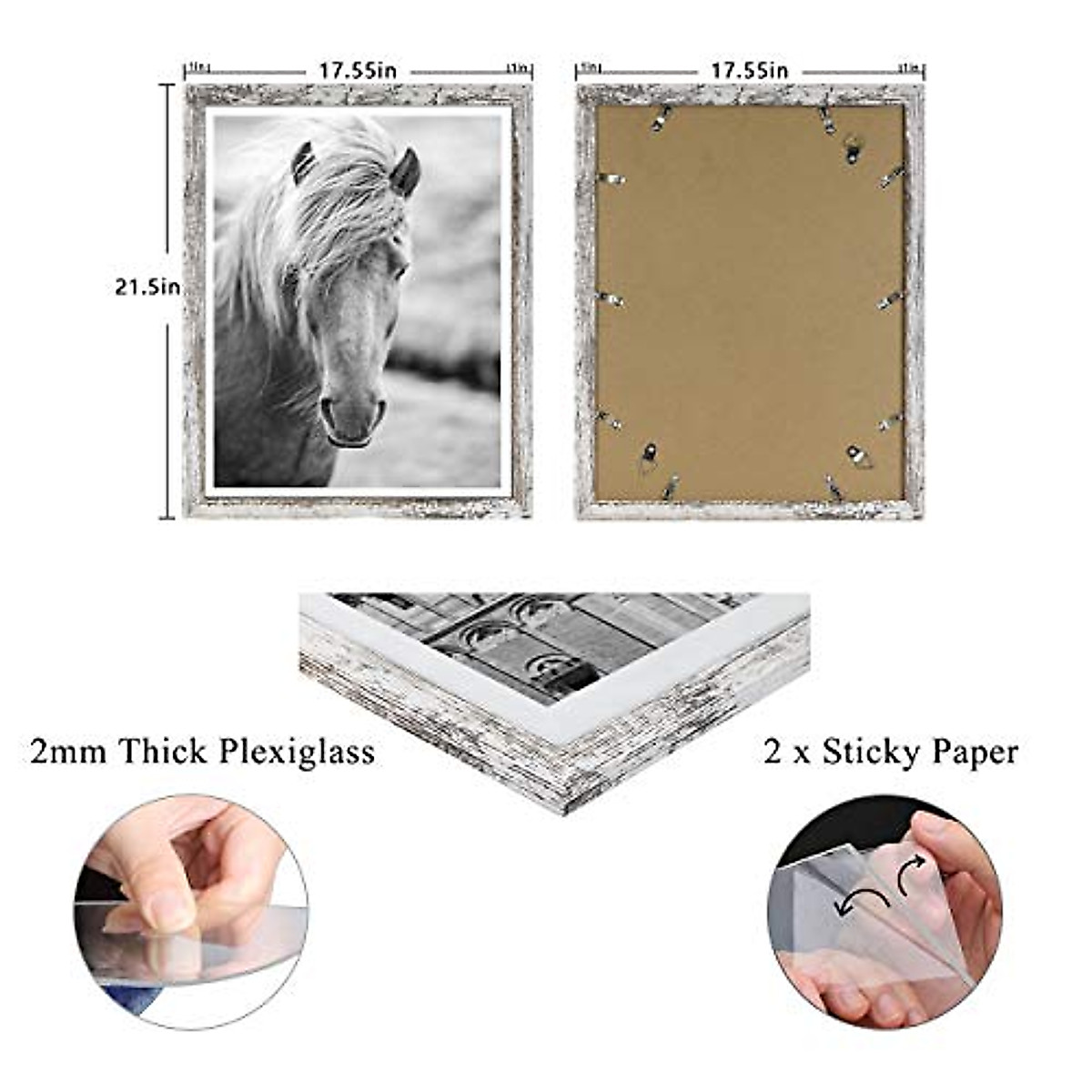 Q.Hou 16x20 Picture Frames Wood Patten Distressed White Puzzle Frame 2 Packs, Wall Hanging, Smooth Molding & Acrylic Cover, Great for Prints, Poster, Mural and Picture (QH-PF16X20-RW)
