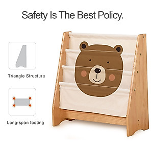 KRAND Kids Sling Bookshelf for Toddler Boys and Girls Book Rack Storage Baby Bookcase Organizer,Features Strong Canvas Sleeves&Solid Wood Structure (Natural/Basic)