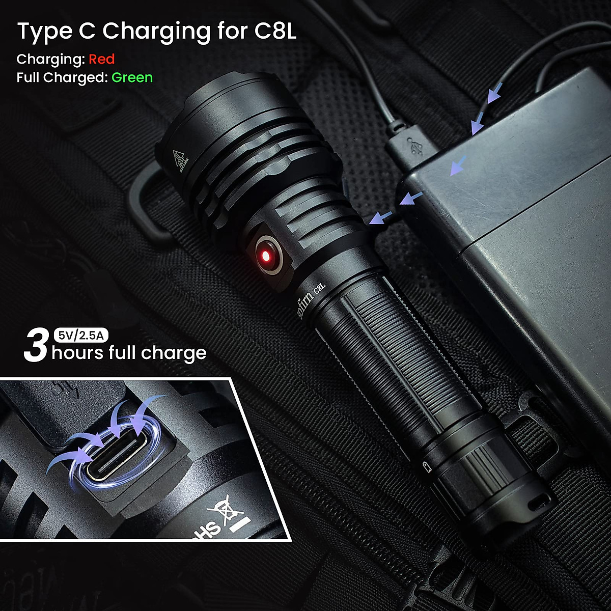 sofirn C8L Rechargeable Flashlight with 3100 Lumens, Tactical Flashlight Up to 531m, IPX8 Waterproof, for Emergency, Heavy Duty, Search and Outdoor Use