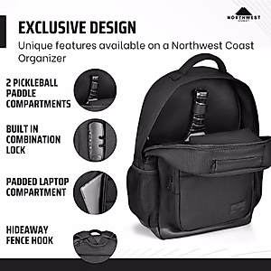 Northwest Coast Pickleball Backpack with Fence Hook and Combination Lock - High Capacity for Paddles, Balls and Water Bottles(Backpack)