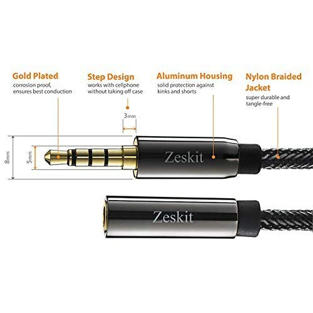 Zeskit Premium 3.5mm Jack Male to Female AUX Audio Extension Cable, TRRS 4 Poles for Headphones with Mic, Speakers - 6ft