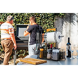 CINAI Grill Caddy, Paper Towel Holder, BBQ & Picnic Caddy, Grill Utensil Organizer, Condiment Bottles Organizer for BBQ, Cleaning Caddy, 3 Hanging Hooks, Bamboo Handle, Large, Black