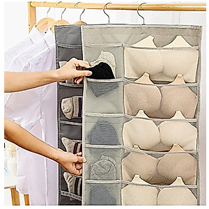 Dual Sided Wall Closet Hanging Organizer Storage with 5+10/12+18 Mesh Pockets for Underwear Bra Underpants Socks with Metal Hook Wardrobe Storage Bags Oxford Cloth Space Saver (Grey 5+10 2 Pack)