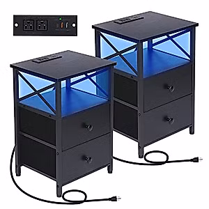 AMHANCIBLE LED Night Stand Set 2, Night Stands for bedrooms Set of 2 with Charging Station, Side Table with USB C Port and Outlet HET052LBK