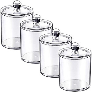 4 Pack of 15 Oz. Plastic Acrylic Bathroom Vanity Countertop Canister Jars with Storage Lid, Apothecary Jars Qtip Holder Makeup Organizer for Cotton Balls,Swabs,Pads,Bath salts (Clear, 15 Oz)