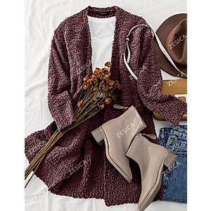 ZESICA Women's Fall Casual Long Sleeve Open Front Soft Chunky Knit Sweater Cardigan Outerwear,Maroon,Small