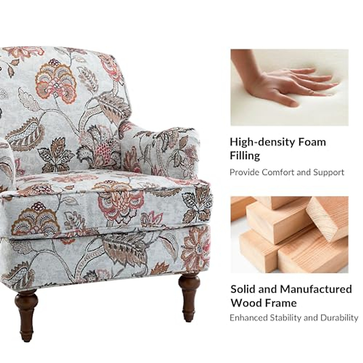 HULALA HOME Modern Accent Chair with Retro Wood Legs, Comfy Upholstered Armchair with Removable Cushion, Floral Design Single Sofa Chair for Living Room Bedroom Office, Pink