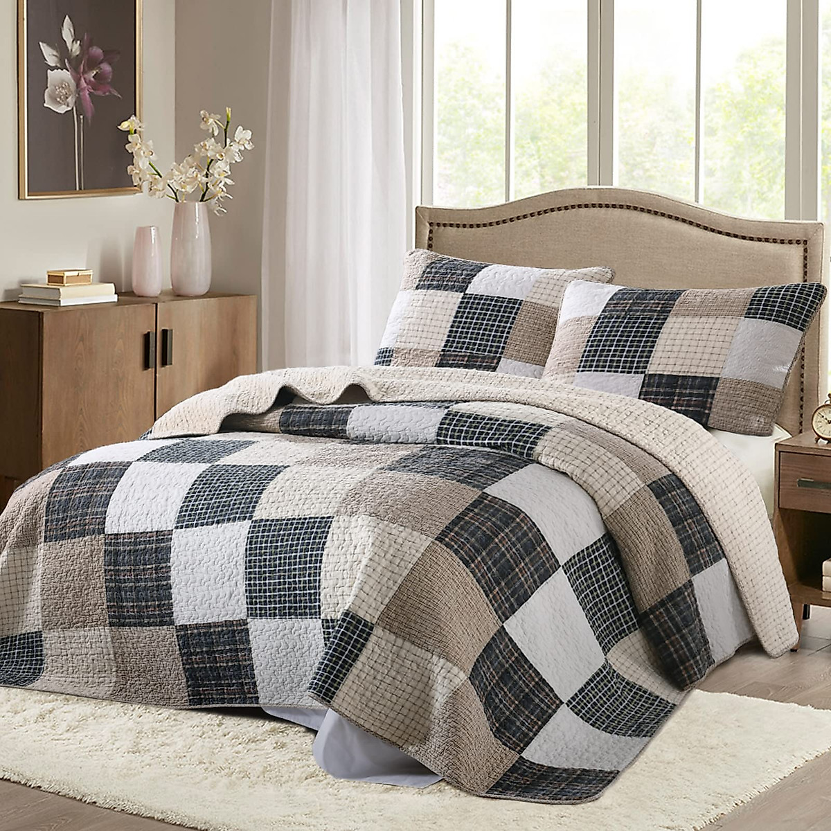 PERHOM 100% Cotton King Size Quilt Set - Lightweight Bedding Set, Real-Patchwork Plaid Pattern Printed Farmhouse Bedspreads, Soft Reversible Coverlet Comforter for All Season, 3 Pieces
