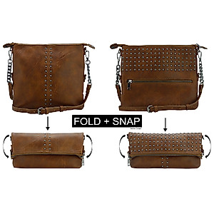 K&Bo Stevie Women’s Studded Chain Crossbody Handbag Purse Brown, Rocker Chic Boho Medium, Converts to Clutch Bag, Lightweight