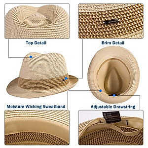 Fancet Packable White Straw Fedora Panama Sun Summer Beach Derby Hat Cuban Trilby Men Women Medium