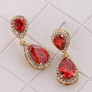 Ruby Gold Earrings for Women - 14k Gold Plated Teardrop Earrings Sterling Silver Pear-shaped CZ Cubic Zirconia Crystal Rhinestone Drop Earrings Bridal Jewelry for Bride Bridesmaids Party Prom Dance