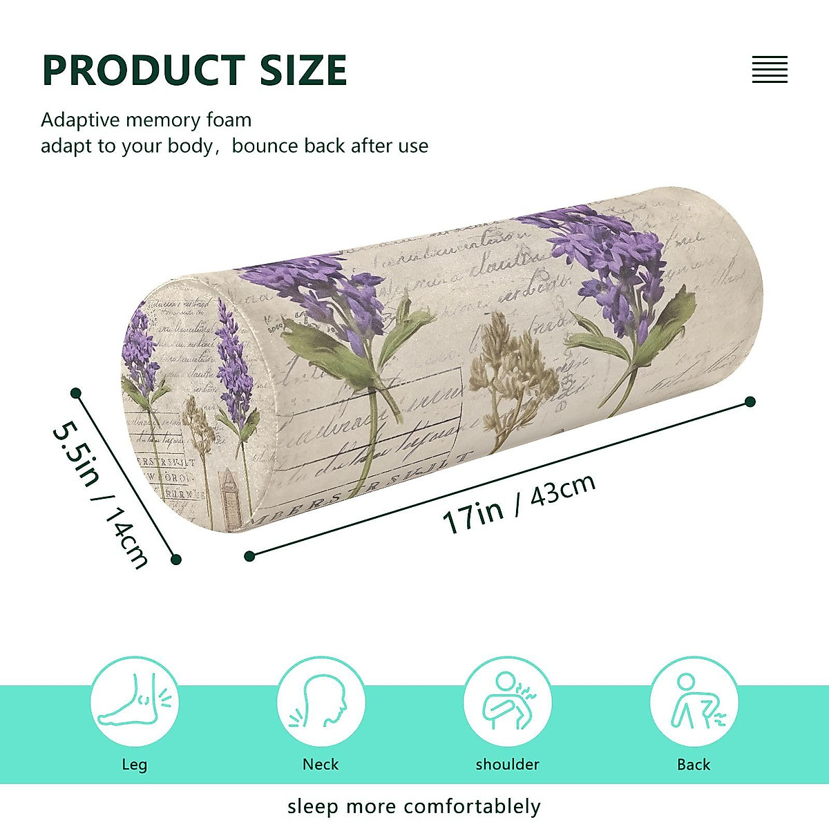 xigua Vintage Lavender Neck Roll Pillow for Neck Relief with Removable Washable Cover - Memory Foam Round Cylinder Bolster, Ergonomically Designed for Head, Neck, Back, and Legs