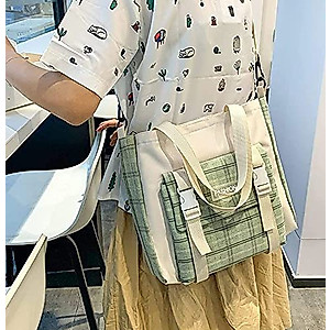 ZHHUIZ 5 Pcs Kawaii Backpack Set with Pins Plush Bear Pendant, Aesthetic Plaid Shoulder Bag School Bag Purse Back to School Supplies (Green), One Size