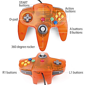 LUXMO PREMIUM Classic N64 USB Controller, USB N64 Gamepad Joystick PC Controllers for Windows PC Retro Pie (Clear Orange)