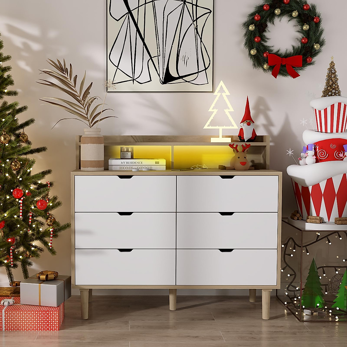 Bonzy Home 6 Drawer Dresser with Charging Station, Wooden Chest of Drawers with LED Light for Closet Hallway, Living Room, Entryway, White