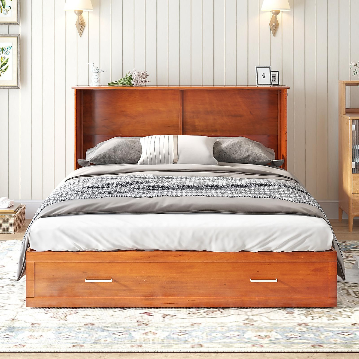 ijuicy Cabinet Murphy Beds with Built-in Charging Station, Solid Wood Cabinet Chest Bed with Folding Mattress, Murphy Cube Chest Bed with Large Drawer for Guest Room, Office-Queen, Cherry