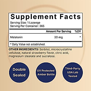 NatureBell Melatonin 20mg, 365 Fast Dissolve Tablets - Natural Strawberry Flavor - Vegetarian Chewable Lozenges for 1 Year Supply, High Potency | Non-GMO, No Gluten