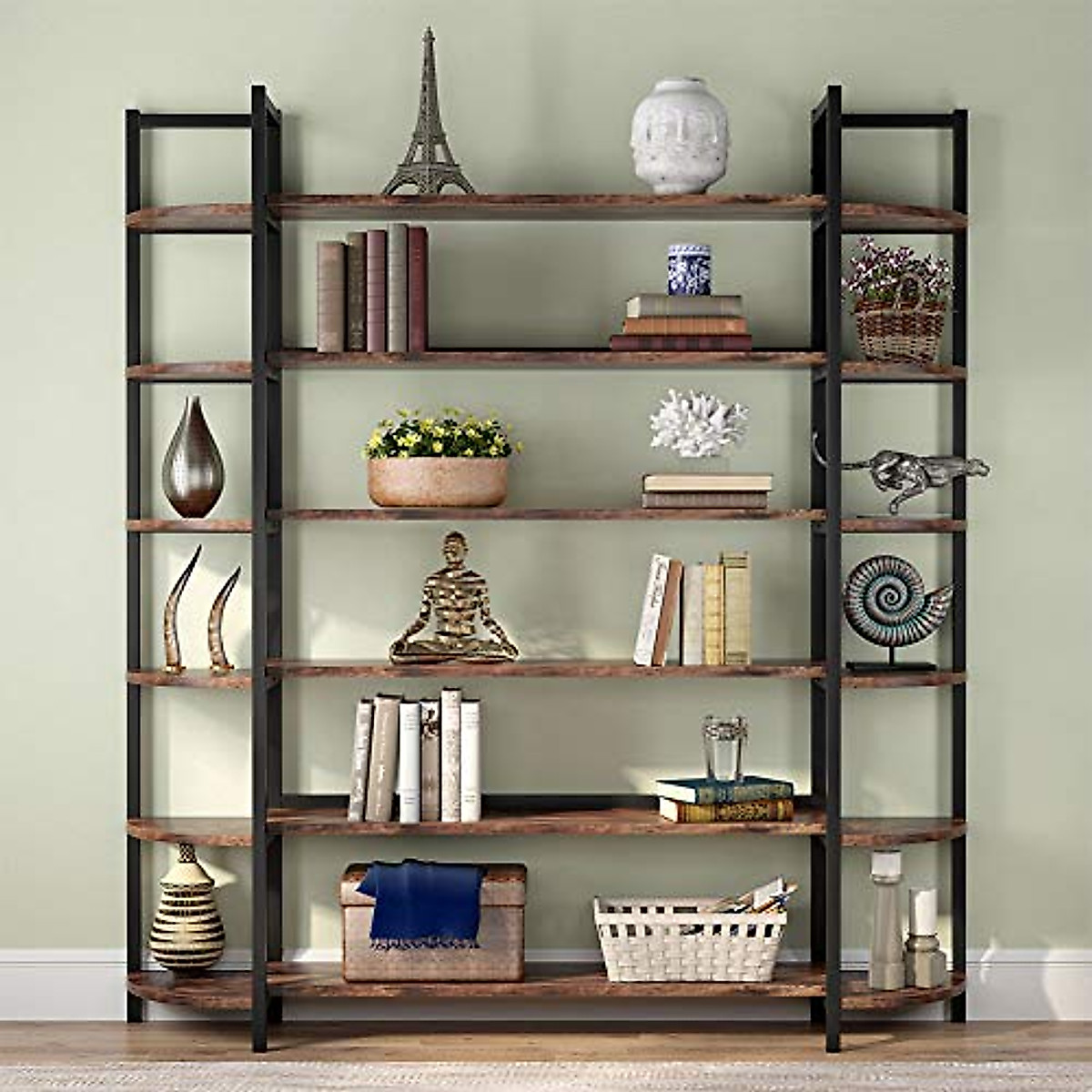 Tribesigns Modern Triple Wide 6-Shelf Bookcase, 6-Tier Large Etagere Bookshelves Storage and Double Wide Bookshelf Display Shelves with Sturdy Metal Frame for Home Office Deco, Rustic