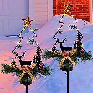 MAGGIFT Christmas Outdoor Solar Stake Lights, 47.5 Inch Large Solar Powered Yard Decorations, Multicolor Copper Wire LED Xmas Pathway Lights, Metal Xmas Tree Garden Stakes Lawn Ornament, Set of 2