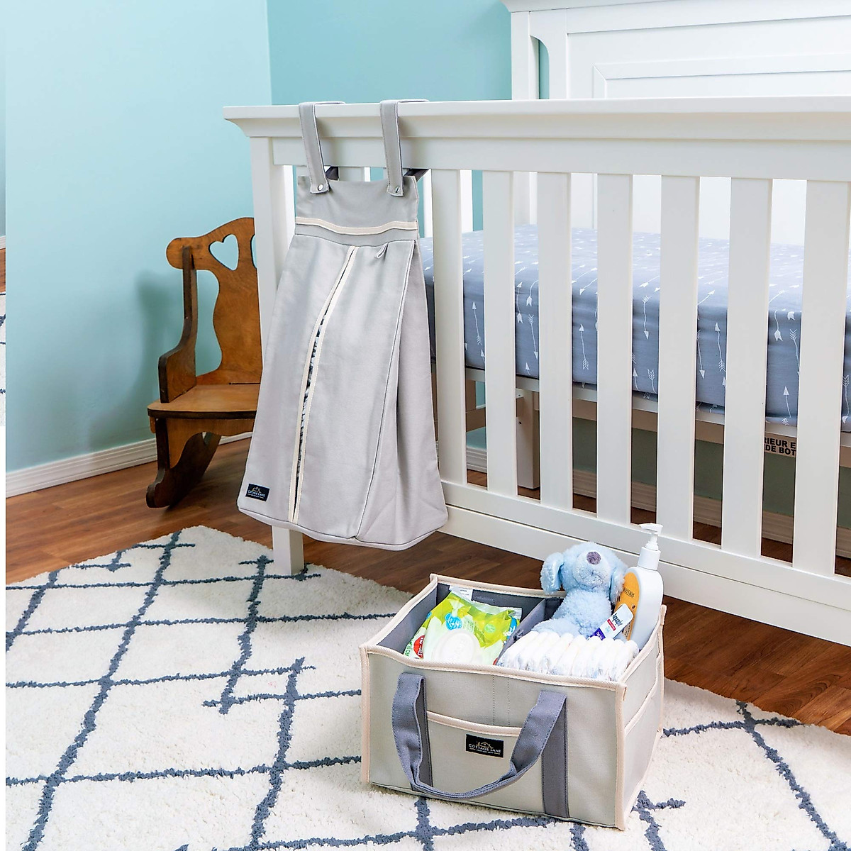 Cottage Lane Hanging Diaper Stacker Plus Caddy, 2 Piece Set, Gray Gender Neutral Cotton Canvas, Stylish Nursery Diaper Organization, Shower Gift