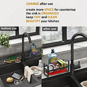 Kitchen Sponge Holder for Sink, Kitchen Sink Caddy Organizer, Sink Tray Drainer Rack, Dish Rags Brush Soap Storage Countertop with Removable Front Drain Pan - Black&Red