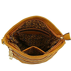 ALYSSA Triple Zip Pocket Large Crossbody Bag (Mustard)