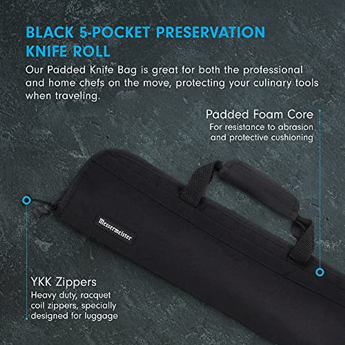 Messermeister Preservation 5-Pocket Knife Luggage, Black - 5 Elasticized, Reinforced Pockets for Culinary Tools - Holds Up to 18” Knife - Made From 100% Recycled Water Bottles