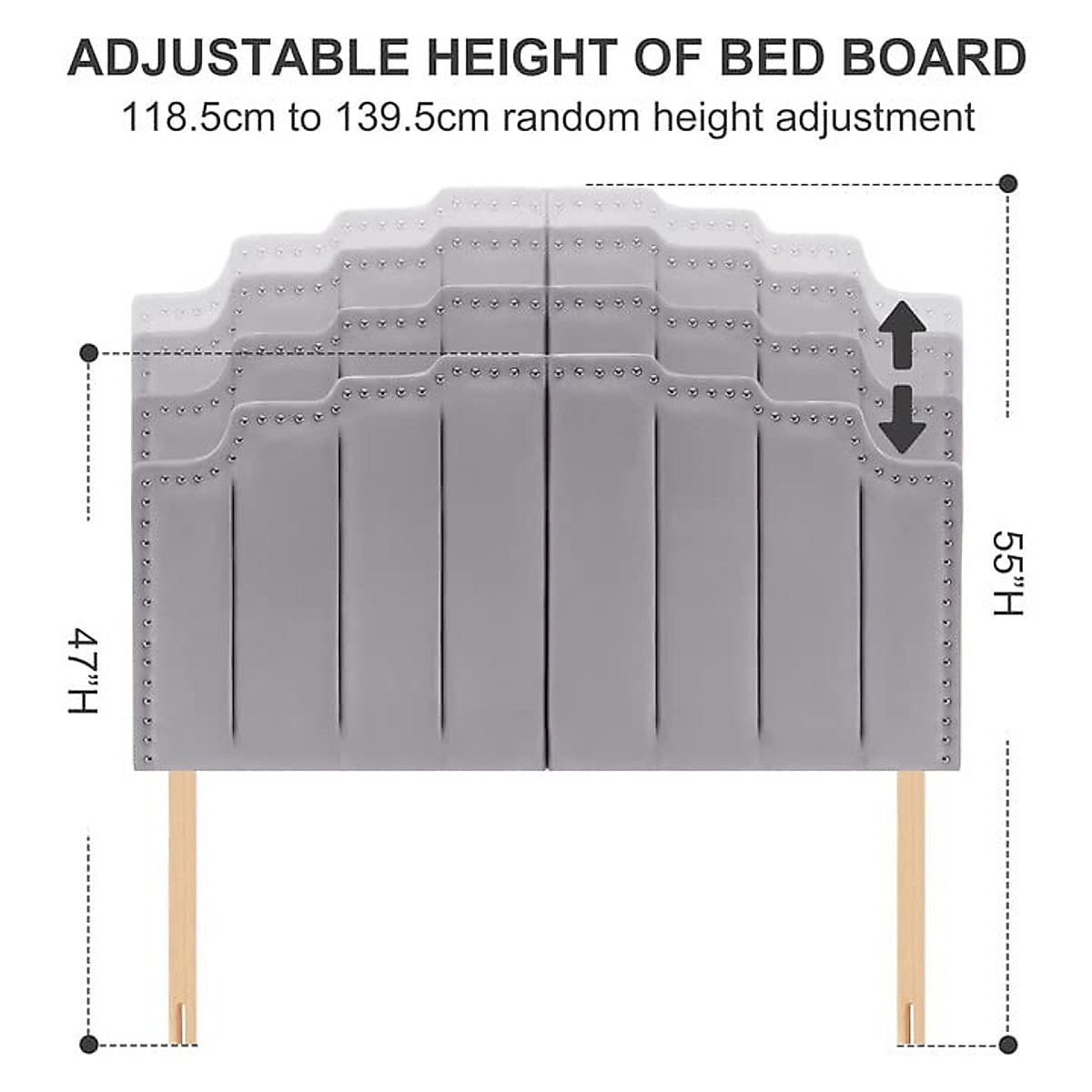 Kingfun Mid Century Headboard for Queen Size Bed, Velvet Upholstered Tufted Bed Headboard with Nailhead Decor, Adjustable Curved Solid Wood Head Board Vertical Channel Design (Medium Grey)