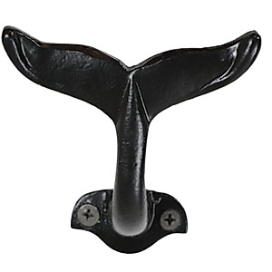 Ebros Set of 2 Cast Iron Rustic Black Coated Finish Nautical Baleen Blue Whale Tail Wall Hook Hangers Coastal Themed Wall Mount Coats Hats Keys Hooks Decor Hanging Fish Whales