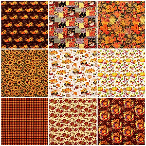 10 Pieces Fall Cotton Fabrics 19.7 x 19.7 Inch Thanksgiving Fat Quarter Bundles Pumpkin Fabric Squares Autumn Turkey Maple Plaid Patchwork Thanksgiving Patterns for DIY Crafts Quilting Sewing Supplies
