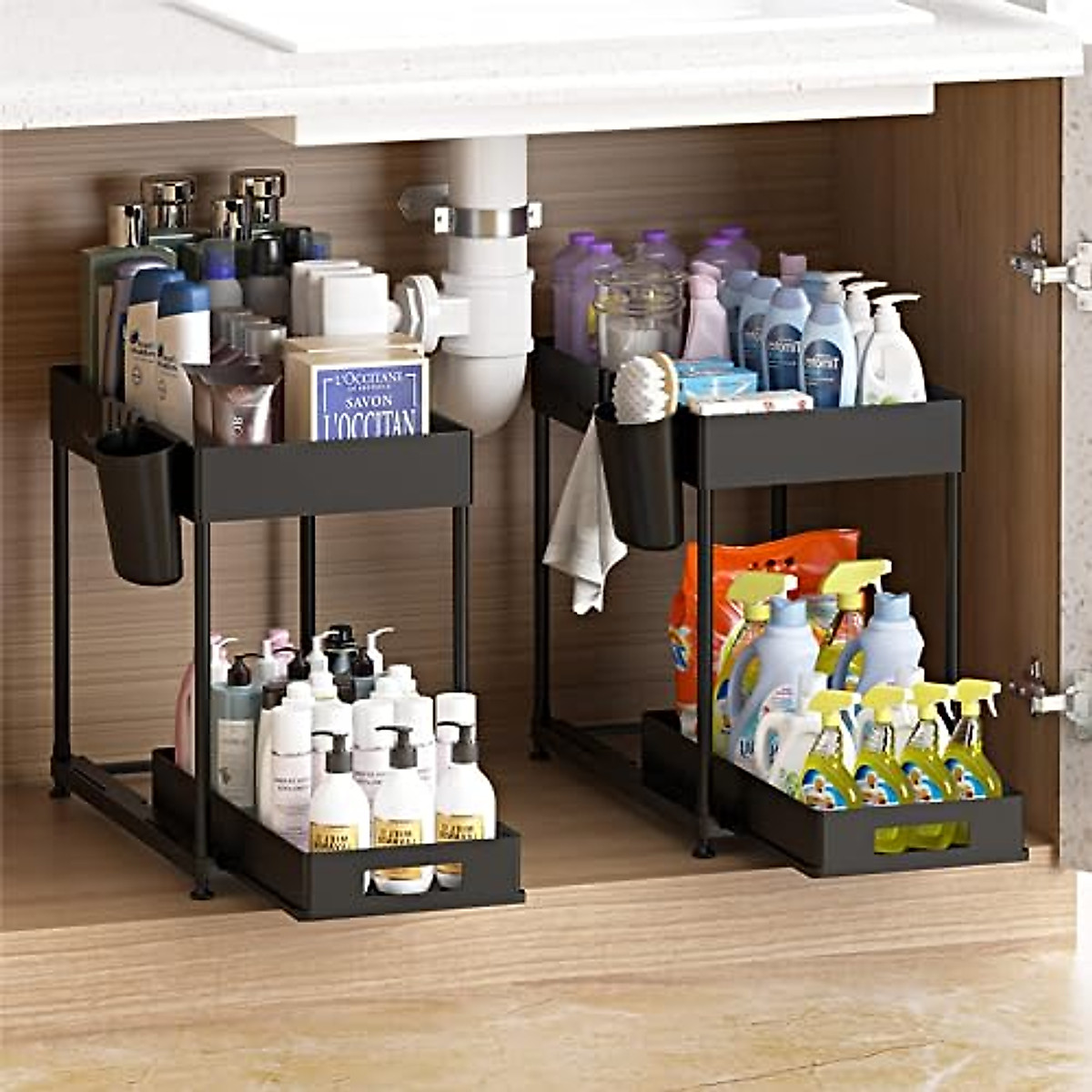 NYYTGE Under Sink Organizer Under Bathroom Cabinet Storage 2 Tier Storage Rack with 4 Hooks, Under Cabinet Organizer Baskets, Multi-purpose Under Sink Shelf Organizer for Bathroom Kitchen