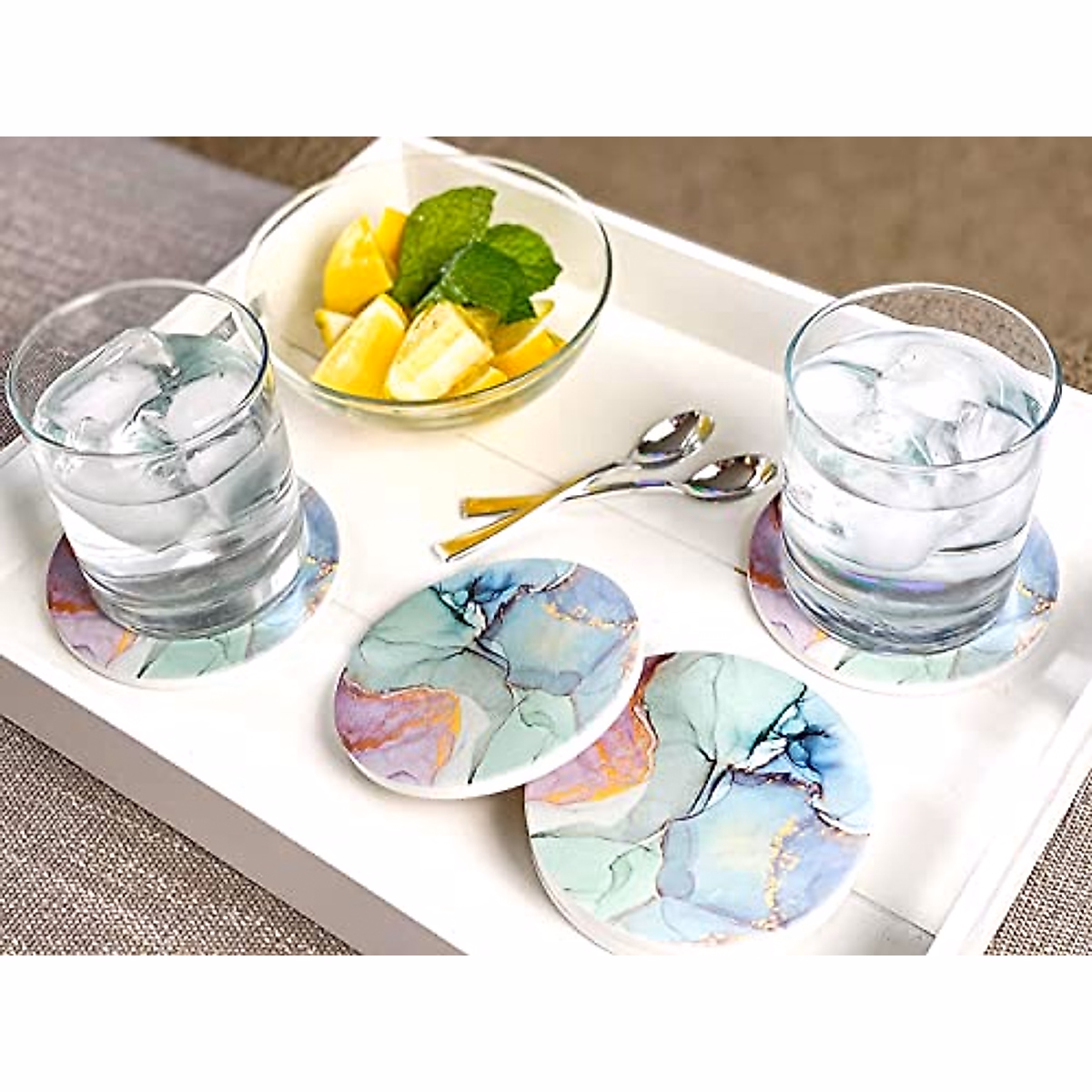 HSEHLD Marble Coasters for Drinks, Geode Coasters, Agate Coaster Large Absorbent, Water Absorbing Coasters for Glass Table Top - Large 4 inch Size, Set of 6 (Mint Green Marble)