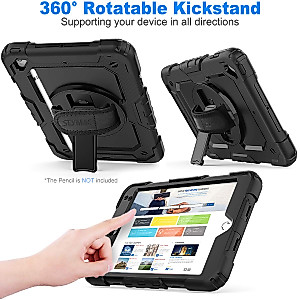 SEYMAC stock Case for iPad Mini 5/4 with Screen Protector Pencil Holder [360 Rotating Hand Strap] & Stand, Drop-Proof Case for iPad Mini 5th/4th Generation 7.9 inch (Black)