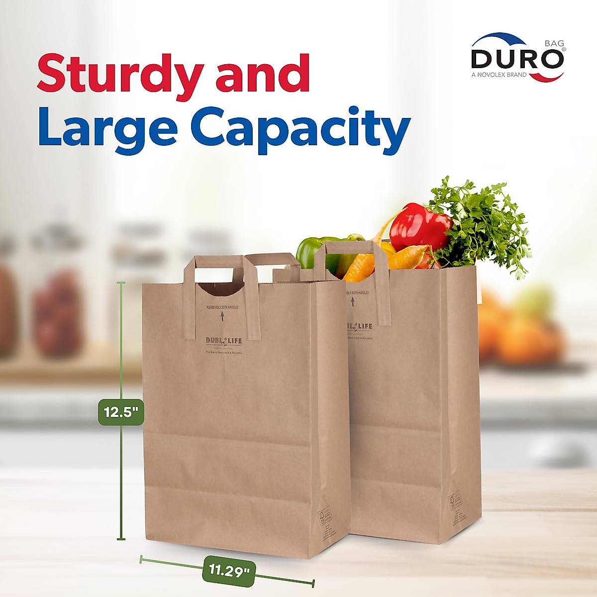 Duro 70# Large Brown Paper Bags with Handles Bulk 50 Count, 12 x 7 x 17 Inches, Blank Brown Grocery Bags with Handles, Paper Sacks for Recycling