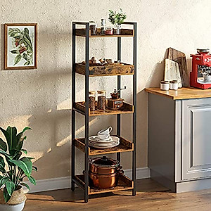 Rolanstar Bookshelf, 5-Tier Storage Rack, Narrow Corner Bookshelf, Display Wooden Shelves for Living Room, Bathroom, Balcony, Kitchen,Rustic Brown
