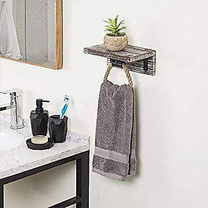 MyGift Industrial Pipe and Rustic Rope Bathroom Towel Ring Holder/Decorative Hand Towel Wall Mounted Rack with Torched Wood Shelf