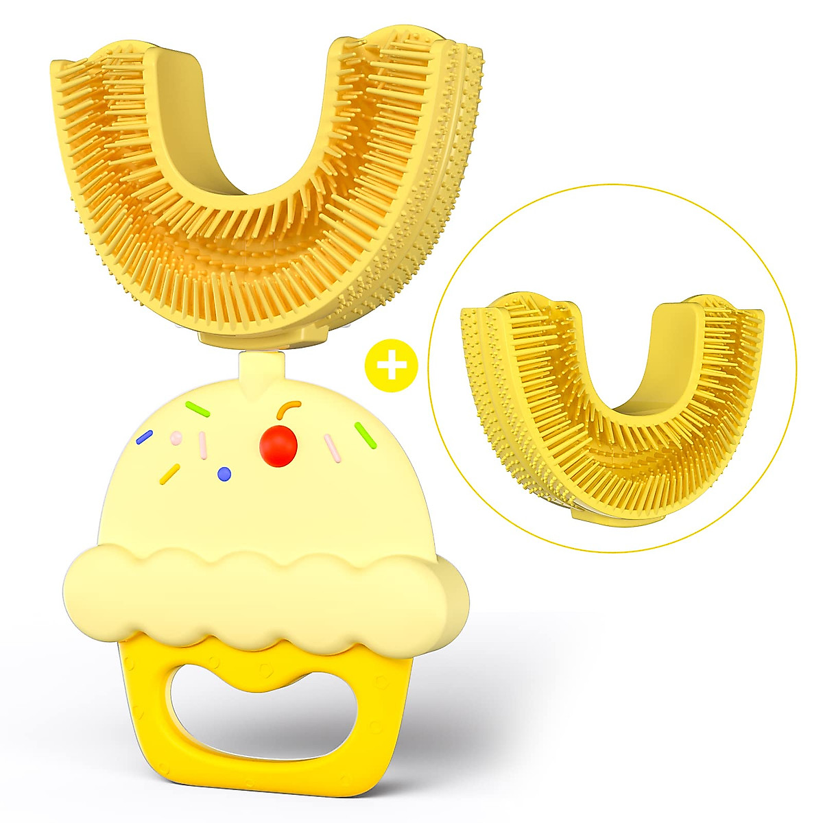 Kids U-Shaped Toothbrush，Soft Silicone Toothbrush Head, Manual Training Tooth Brush, 360° Oral Teeth Cleaning Design for Toddlers and Children Age 6-12,Yellow