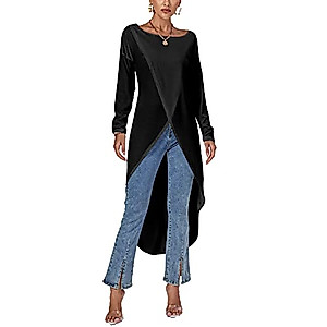 LYANER Women's High Low Long Sleeve Wrap Front Split Hem Long Shirt Blouse Tunic Top Solid Black Large