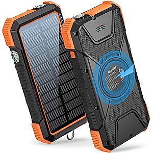 BLAVOR Solar Power Bank, PD18W QC3.0 Fast Charging 10W Wireless Charger 20000mAh Solar Powered Powerbank with Type C Input/Output, IPX5 Waterproof, Camping Flashlight, Compass, Carabiner